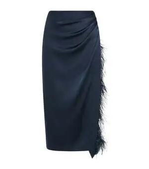 Marella Satin Feather-trim Pencil Skirt - Navy