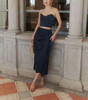 Marella Satin Feather-trim Pencil Skirt - Navy