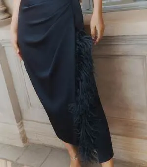 Marella Satin Feather-trim Pencil Skirt - Navy