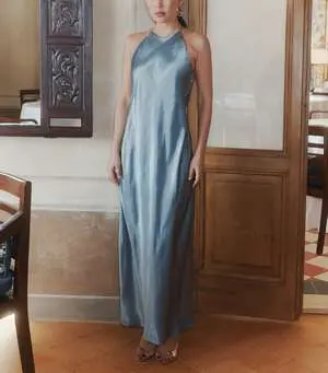 Marella Satin Halterneck Maxi Dress - Blue