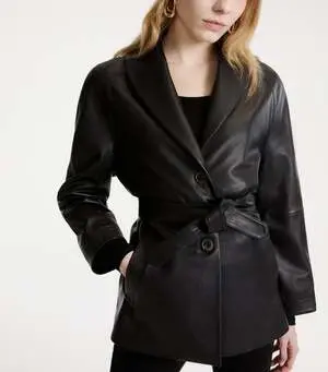 Marella Longline Belted Leather Jacket