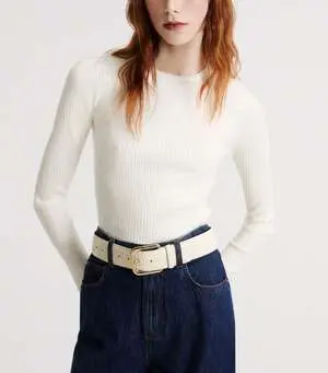 Marella Leather Croc-embossed Belt - Ivory