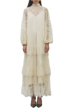 MAUDE CLUB Olympia Mock Neck Lace Maxi Dress
