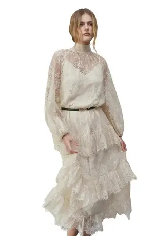 MAUDE CLUB Olympia Mock Neck Lace Maxi Dress