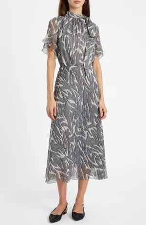 Santorelli Sabrina Tie Neck Short Sleeve Midi Dress