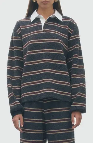 MAUDE CLUB Kate Striped Polo Sweater - Navy Multi