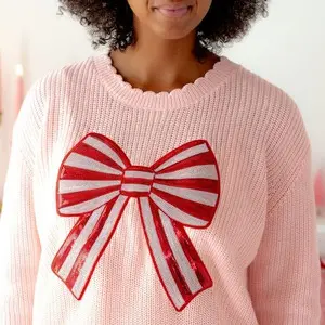 SWEET WINK Candy Cane Sequin Bow Patch Christmas Sweater