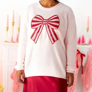 SWEET WINK Candy Cane Sequin Bow Patch Christmas Sweater