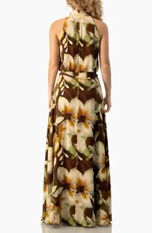 IVONNE Painterly Floral Halter Blouson-bodice Belted Maxi Dress