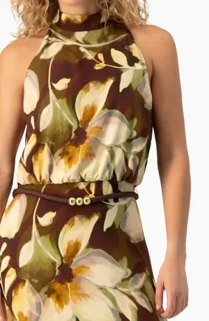 IVONNE Painterly Floral Halter Blouson-bodice Belted Maxi Dress