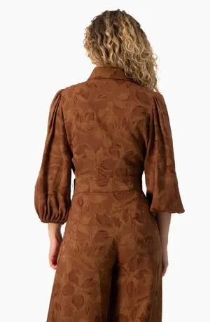IVONNE Floral Jacquard 3/4 Puff-sleeve Button-down Collared Shirt