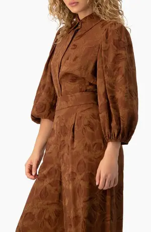 IVONNE Floral Jacquard 3/4 Puff-sleeve Button-down Collared Shirt