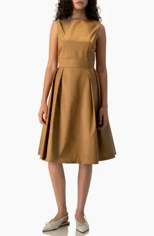IVONNE Sleeveless Bateau-neck Pleated Fit-and-flare Midi Dress - Copper