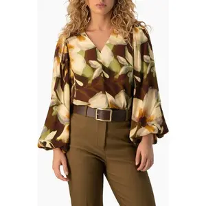 IVONNE Botanical Floral Print Relaxed V-neck Puff-sleeve Blouse