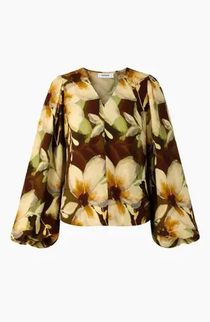 IVONNE Botanical Floral Print Relaxed V-neck Puff-sleeve Blouse