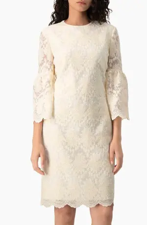 IVONNE Floral Lace 3/4 Bell-sleeve Crew-neck Shift Mini Dress