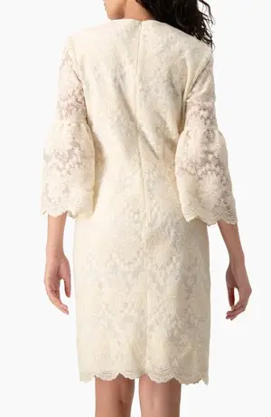 IVONNE Floral Lace 3/4 Bell-sleeve Crew-neck Shift Mini Dress
