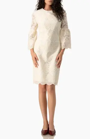 IVONNE Floral Lace 3/4 Bell-sleeve Crew-neck Shift Mini Dress