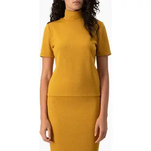 IVONNE Metallic Lurex Short-sleeve Mock-neck Fitted Top