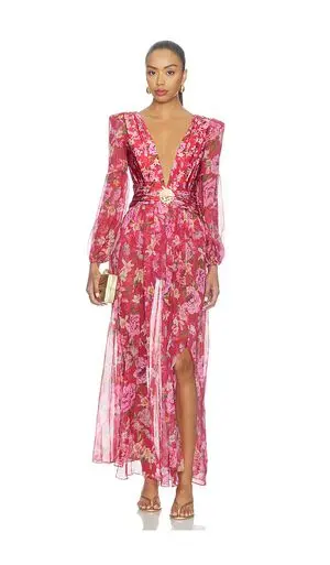 PatBO Peony Print Plunge Maxi Dress - Red