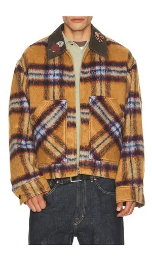 We11Done Teddy Doodle Check Pattern Jacket In Brown - Camel