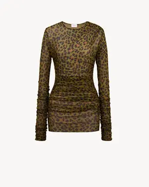 Saint Laurent Ruched Mini Dress In Leopard Tulle Jersey - Leopard Print