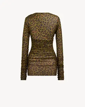 Saint Laurent Ruched Mini Dress In Leopard Tulle Jersey - Leopard Print
