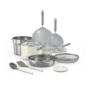 NINJA Neverquit 12-piece Ceramic Cookware Set, Bone & Silver In Bone /silver - Bone/silver