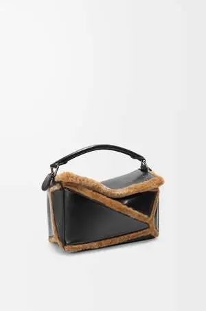 Loewe Small Puzzle Aviator Bag In Glossy Lambskin And Shearling - Black/brown