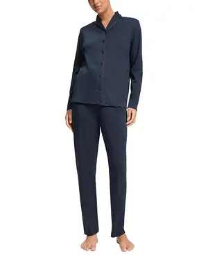 Hanro Silk Trim Long Sleeve Shirt & Pants Pajama Set - Deep Navy