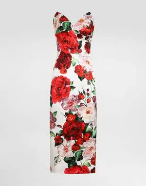 Dolce & Gabbana Strapless Satin Calf-length Dress With Rose