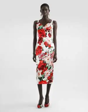 Dolce & Gabbana Strapless Satin Calf-length Dress With Rose