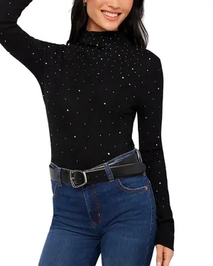 Karen Kane Rhinestone Embellished Mock Neck Sweater - Black
