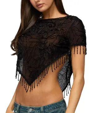 EDIKTED Yanna Beaded Fringe Poncho Top