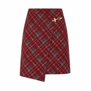 YUMI Burgundy Check Wrap Mini Skirt - Red