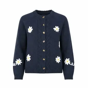 YUMI Navy Daisy Stitch Cardigan - Blue