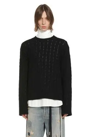 ANN DEMEULEMEESTER Tristan Cable Knit Ladder Stich Crewneck Sweater - Black