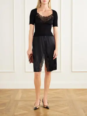 Saint Laurent Split Slip Skirt In Double-face Silk Satin And Lace
