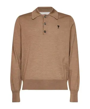 AMI Paris De Coeur Long-sleeve Polo Shirt - Camel