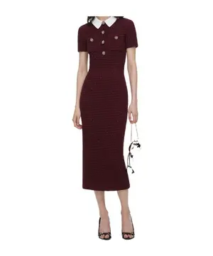 SELF-PORTRAIT Burgundy Textured Knit Midi Dress