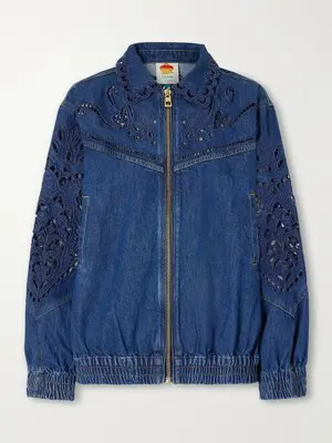 Farm Rio Richilieu Heart Broderie Anglaise Denim Jacket - Blue