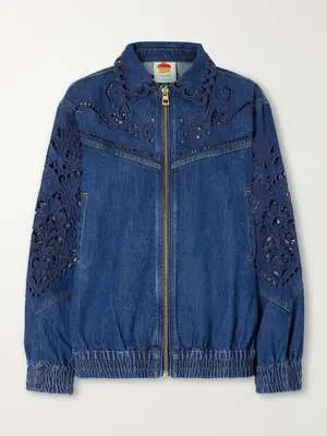 Farm Rio Richilieu Heart Broderie Anglaise Denim Jacket - Dark Denim