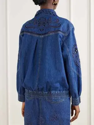 Farm Rio Richilieu Heart Broderie Anglaise Denim Jacket - Dark Denim