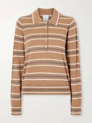 Varley Mayra Striped Knitted Polo Sweater - Camel