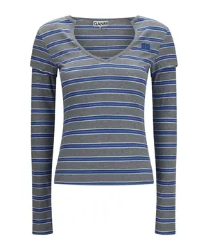 GANNI Ribbed Stripe V-neck Knitted Top