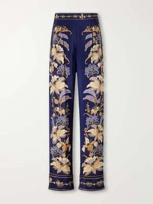 Farm Rio Lara Floral-print Crepe De Chine Wide-leg Pants - Blue