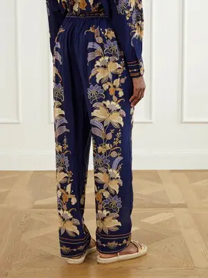 Farm Rio Lara Floral-print Crepe De Chine Wide-leg Pants - Blue
