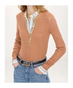 Chloé Mp20 Ribbed Henley Knitted Top - Coffee Powder