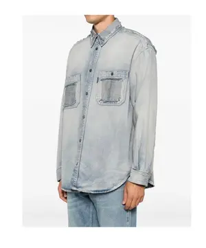 HAIKURE Nelson Distressed Patchwork Denim Shirt - Light Blue