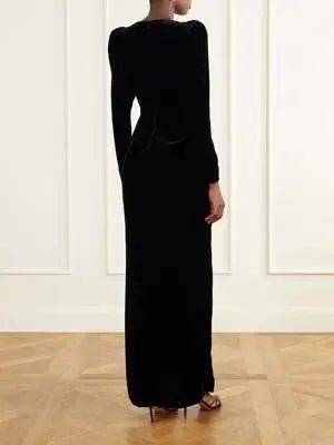 Balmain Open-front Lingerie-detail Gathered Velvet Maxi Gown